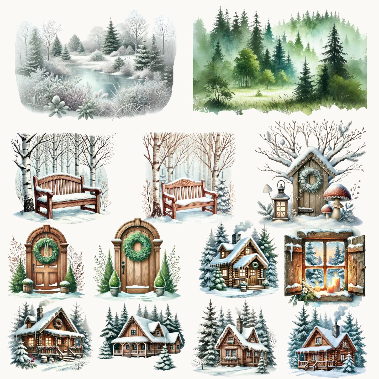 Winter Woodland Clipart PNG, Watercolor Winter Animals Clipart ...