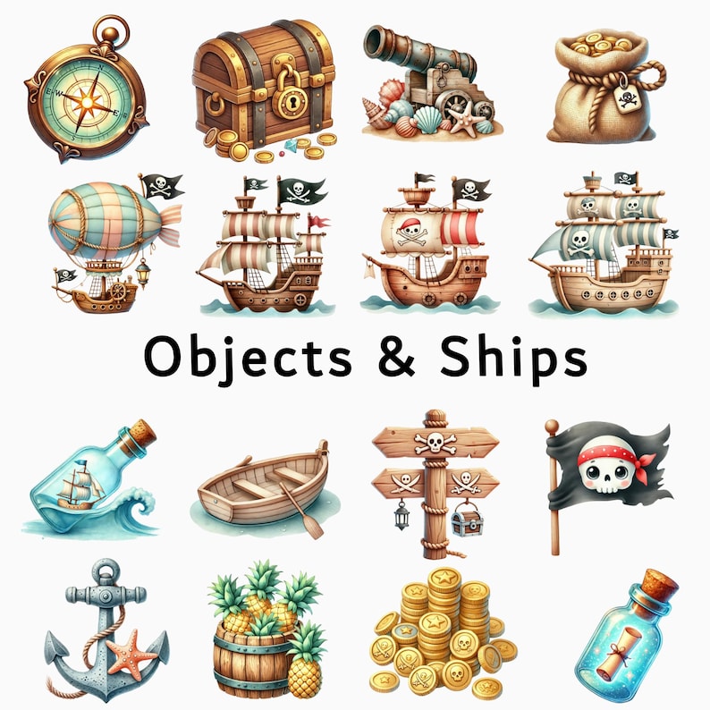 Cute Pirate Adventure Clipart PNG Bundle, Watercolor Kids Pirate ...