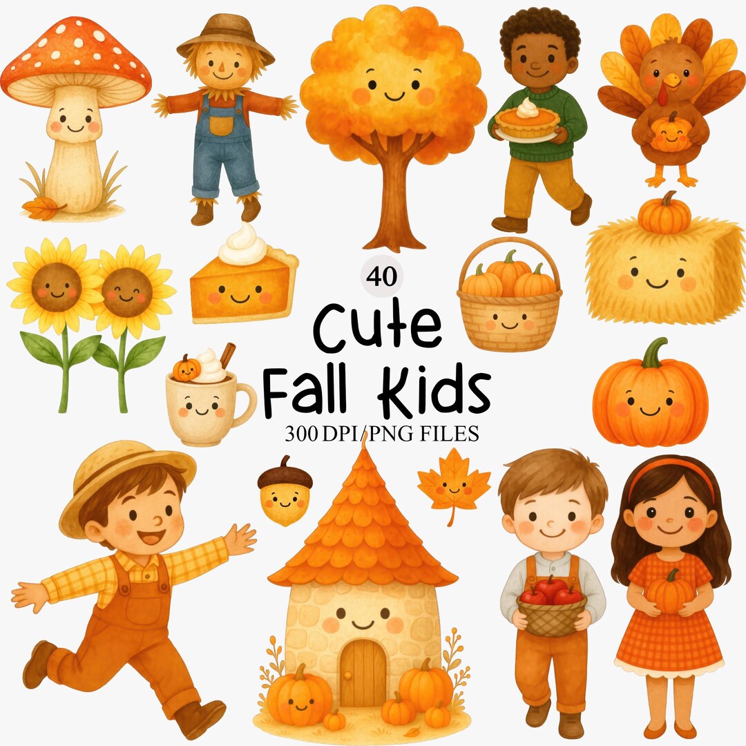 Cute Fall Kids Clipart, Kawaii Autumn Kids Clipart PNG, Cute Autumn ...