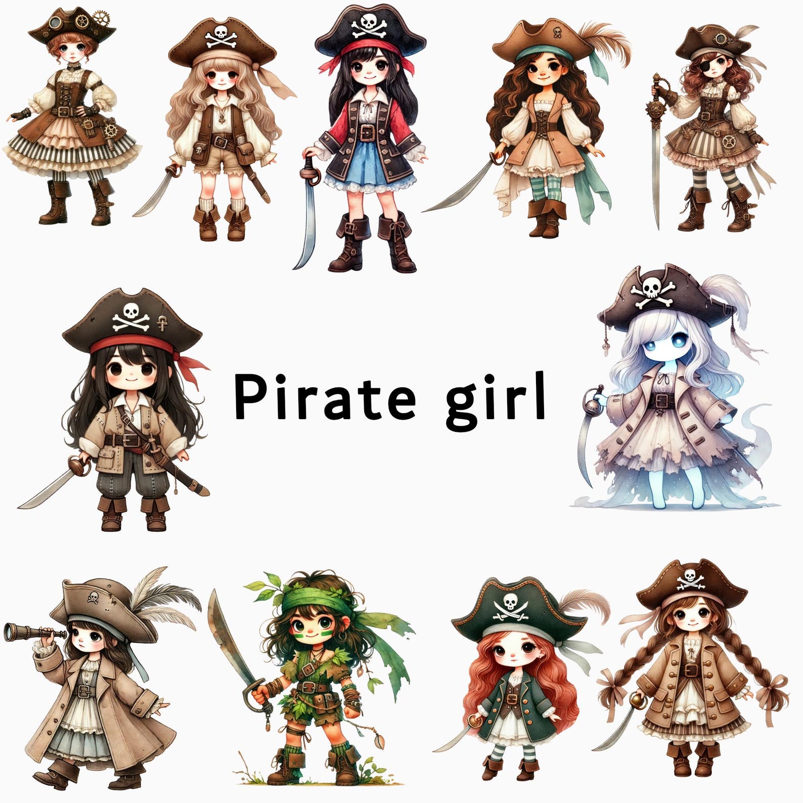 Cute Pirate Adventure Clipart PNG Bundle, Watercolor Kids Pirate ...