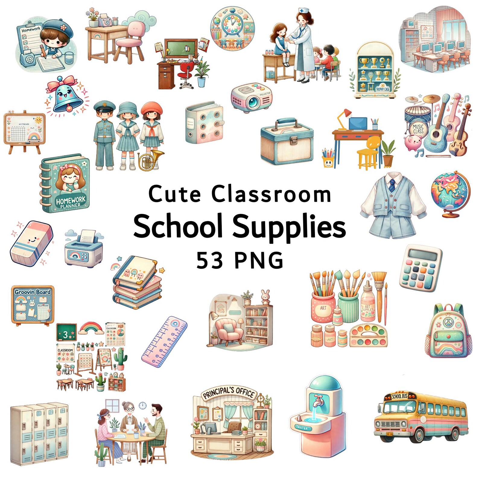 Back to School Aesthetic Clipart, Cute Classroom School Supplies ...