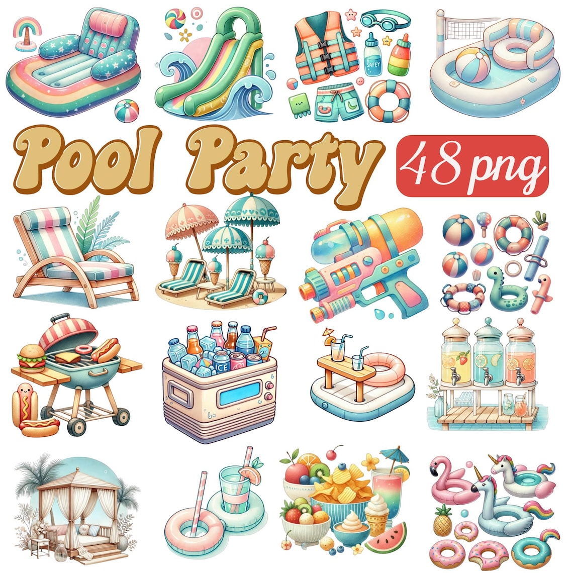 Watercolor Pool Party Clipart Bundle (digital Download) - Etsy