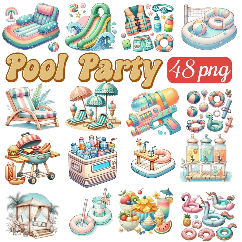 Pool Party Clipart, Summer Pool Clipart, Water Slide Clipart, Floaties ...