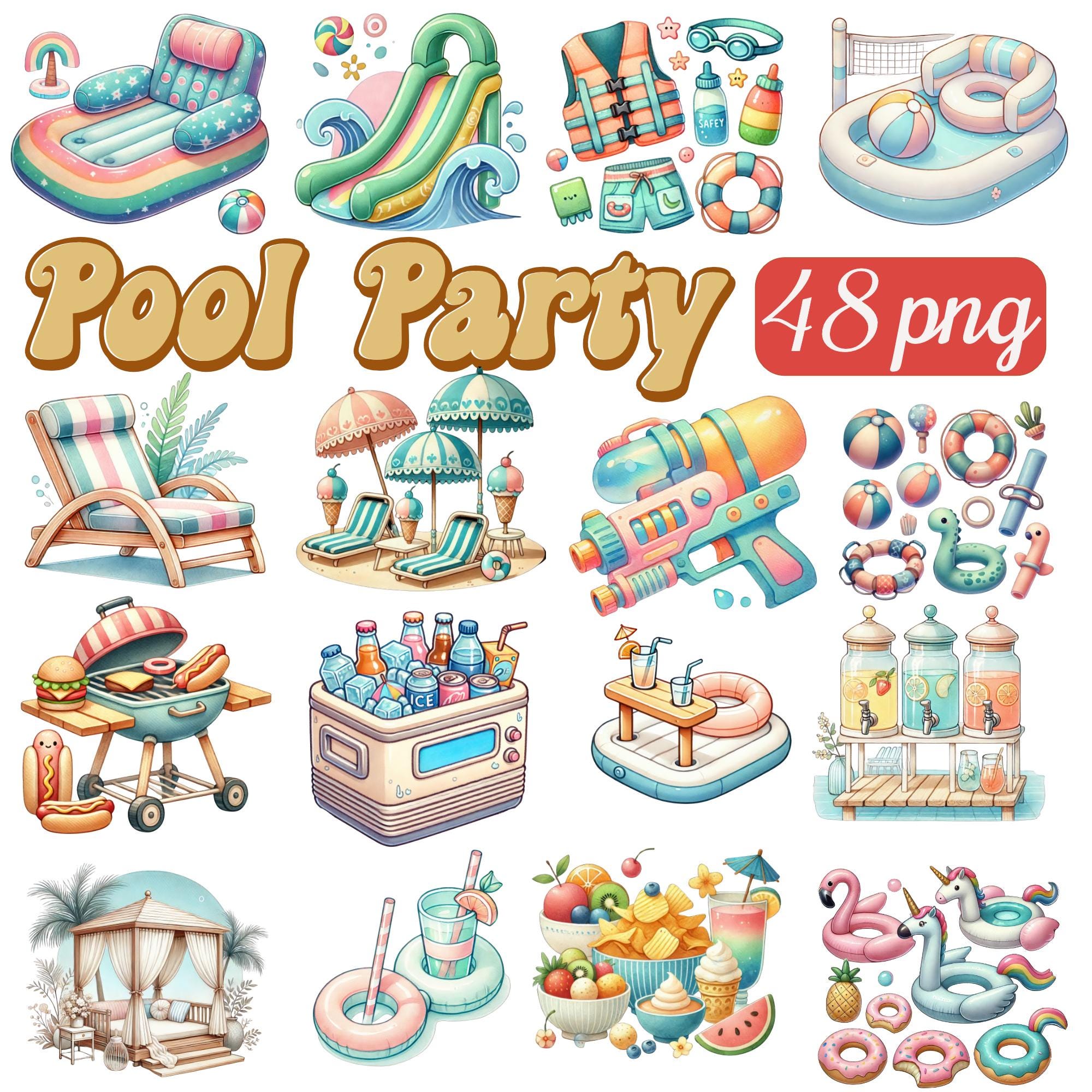 Pool Party Clipart, Summer Pool Clipart, Water Slide Clipart, Floaties ...
