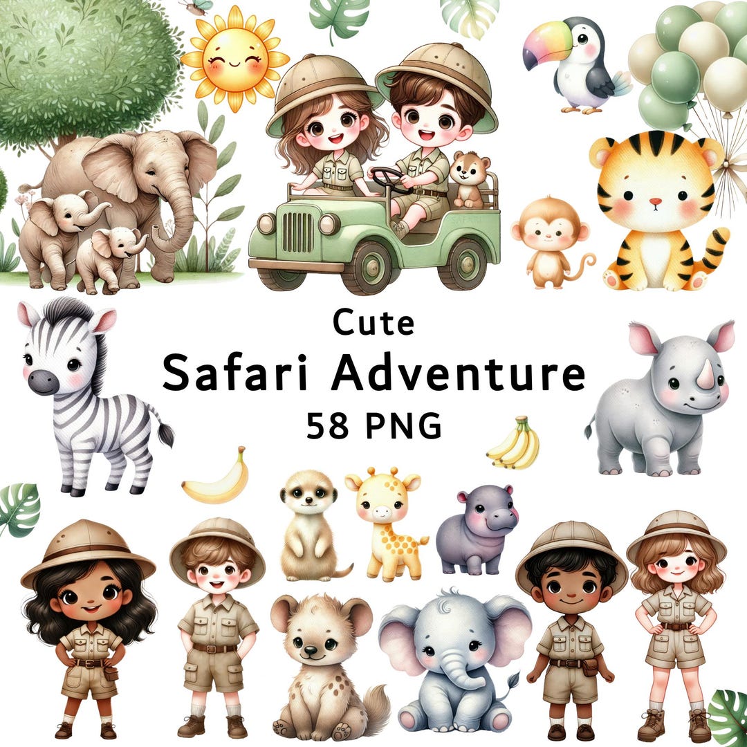 Cute Safari Adventure Watercolor Clipart, Jungle Safari Animals Digital ...