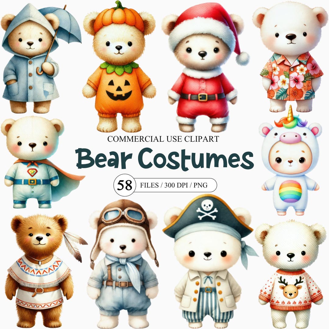 Baby Bear Costumes Clipart, Cute Teddy Outfits Clipart, Cute Bear Dress ...