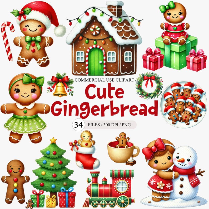 Cute Gingerbread Clipart PNG Bundle, Kawaii Gingerbread PNG Clipart ...