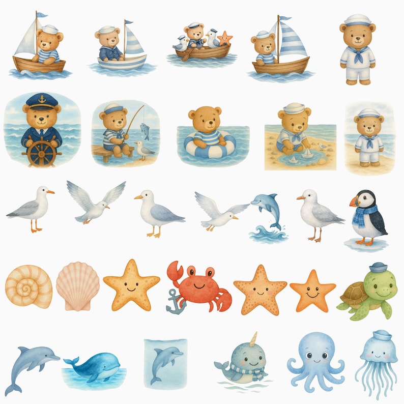 Cute Sailor Baby Bear Clipart, Nautical Ocean Animals Clipart, Baby ...