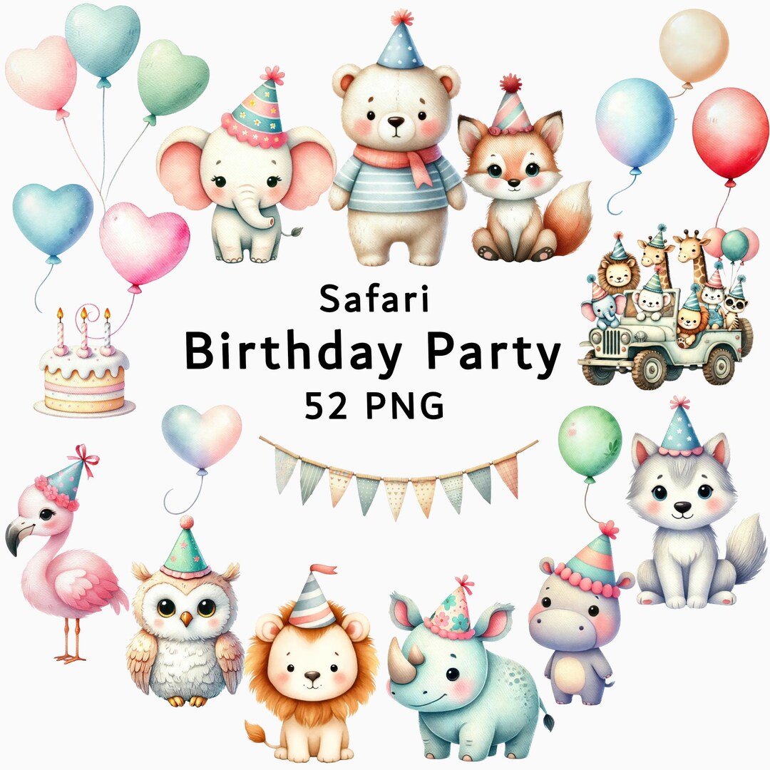Safari Party Animals Clipart, Cute Jungle Birthday Party Clipart ...