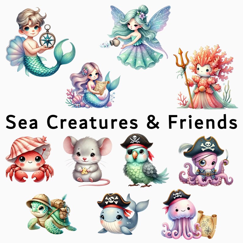 Cute Pirate Adventure Clipart PNG Bundle, Watercolor Kids Pirate ...