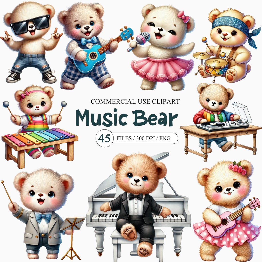 Baby Bear Musician Clipart, Cute Teddy Playing Instruments, Kawaii ...