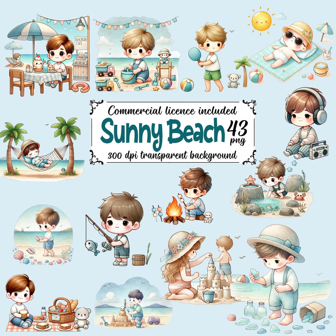 Sunny Beach Day Clipart Bundle, Watercolor Summer Clipart PNG, Beach ...