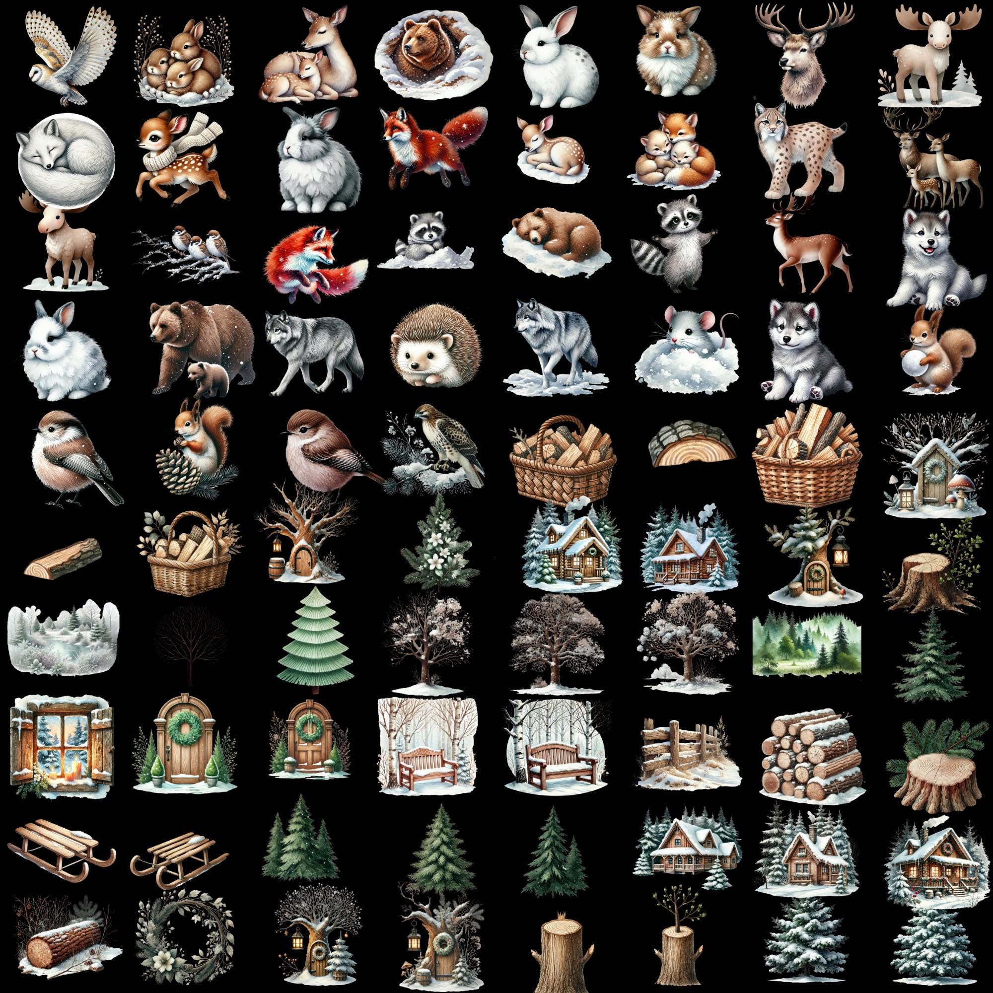 Winter Woodland Clipart PNG, Watercolor Winter Animals Clipart ...