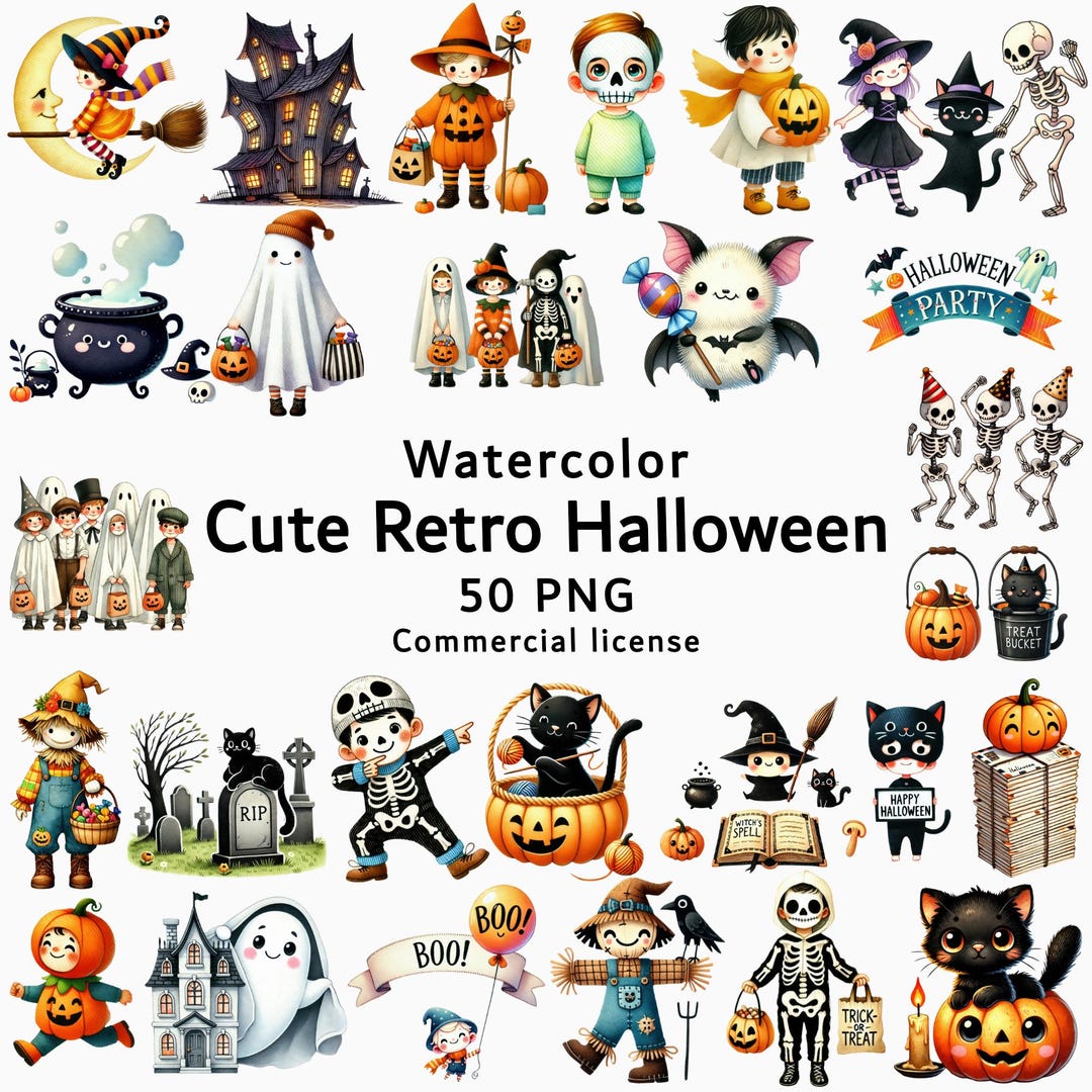 Retro Halloween Clipart: Watercolor Kids PNG (digital Download) - Etsy