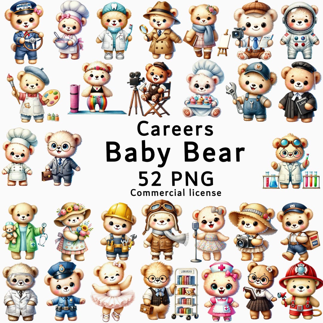 Baby Bear Careers Clipart: Watercolor Occupations PNG (digital Download ...