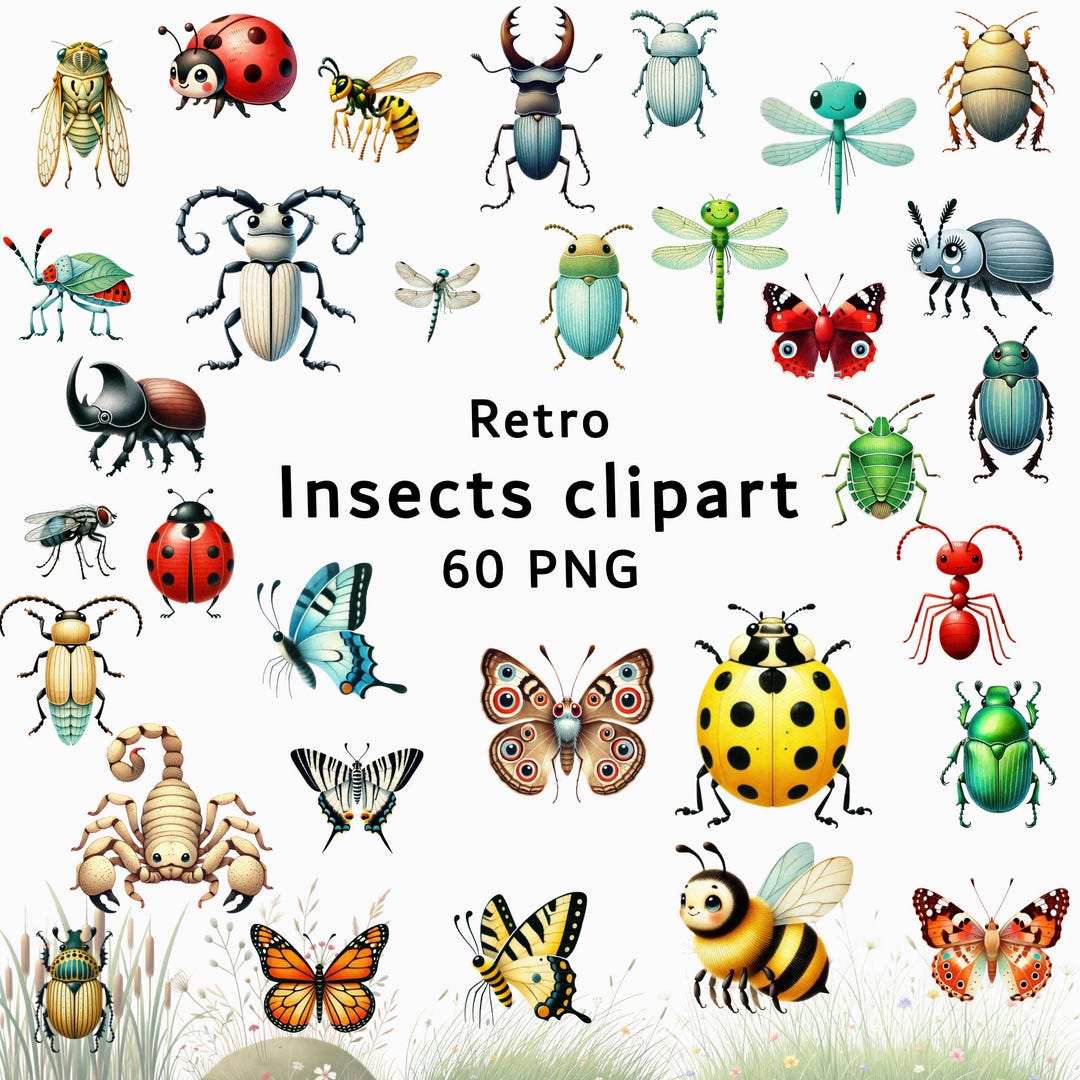 Retro Insects Watercolor Clipart Bundle: Vintage Bugs PNG (digital ...