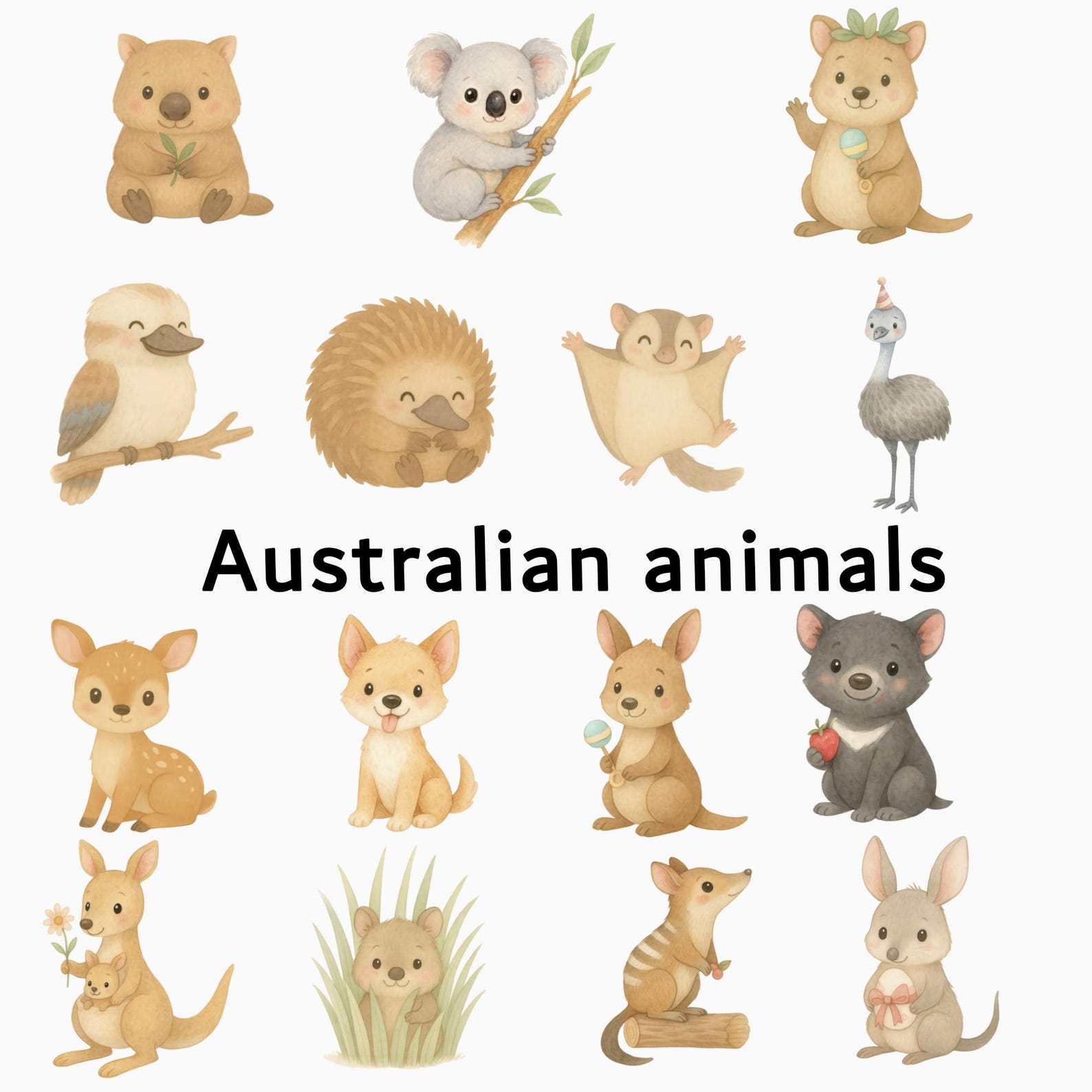 Cute Watercolor Australian Animals Clipart Bundle, Nursery Aussie ...