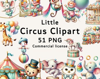 Circus Watercolor Clipart Set, Animals Illustration, Little Clown PNG ...