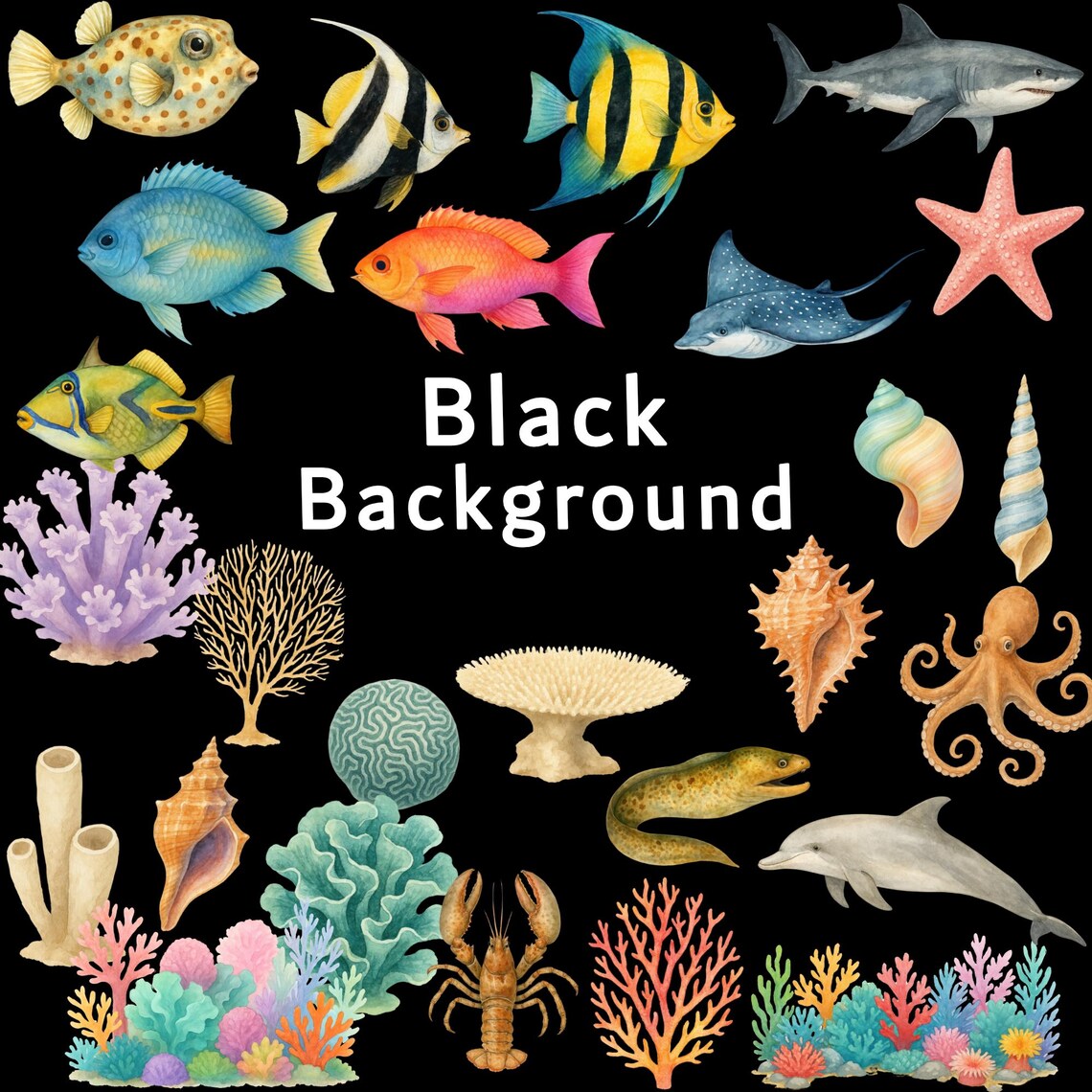 Watercolor Marine Life Clipart: Vintage Ocean Animals (PNG) - Etsy