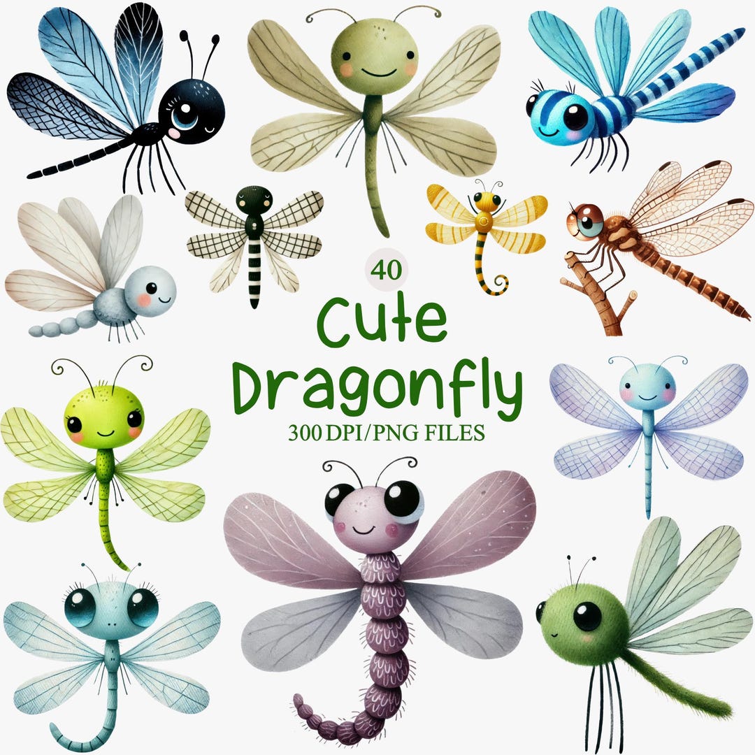 Cute Dragonfly Clipart PNG Bundle, Watercolor Kawaii Insects, Pastel ...