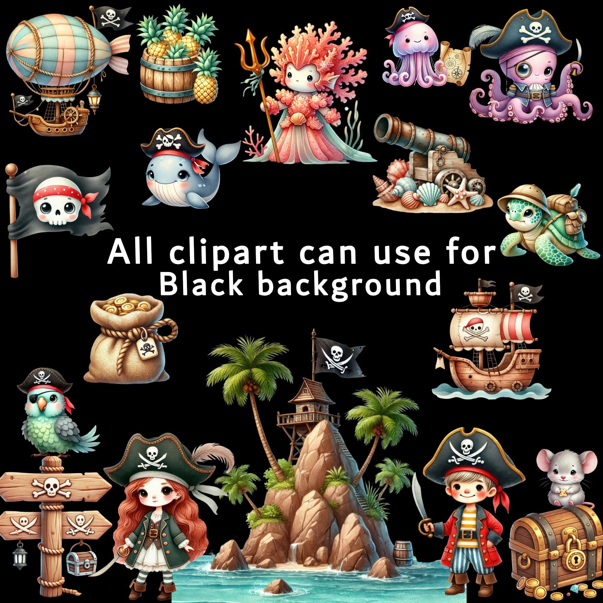 Cute Pirate Adventure Clipart PNG Bundle, Watercolor Kids Pirate ...