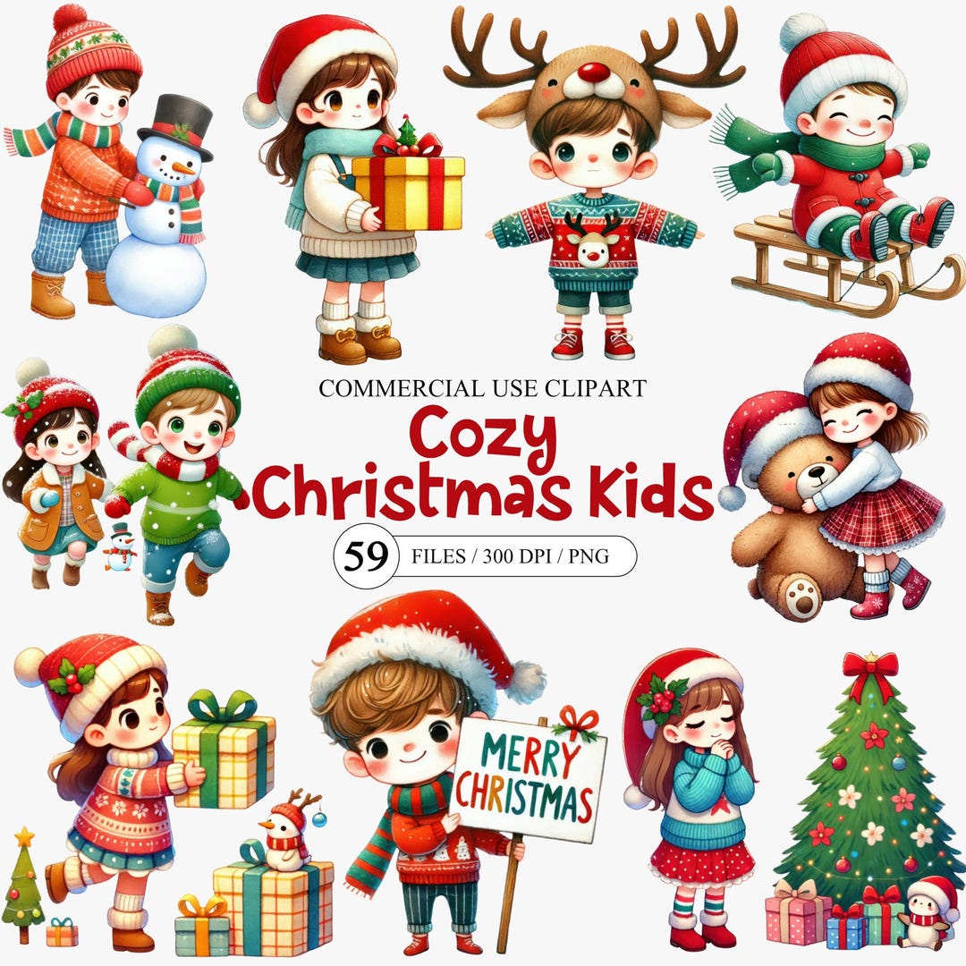 Cozy Christmas Kids Clipart, Cute Christmas Children PNG, Kawaii ...