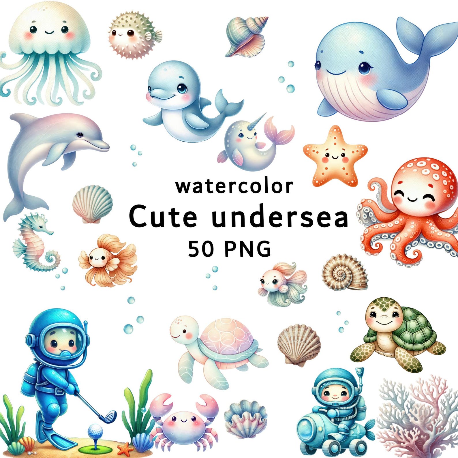 Undersea Watercolor Clipart, Pastel Under the Sea Clipart, Watercolor ...