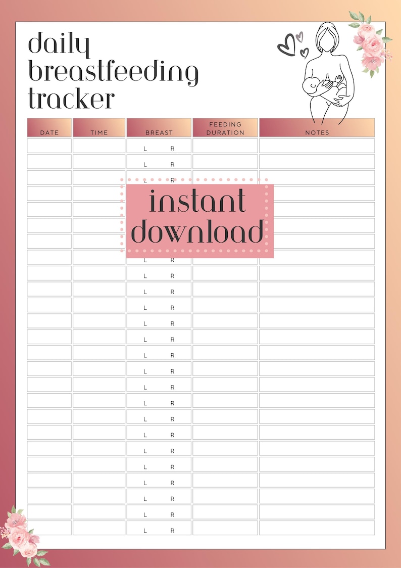 Printable Breastfeeding Tracker One Page Daily Nursing Log Baby Feeding ...