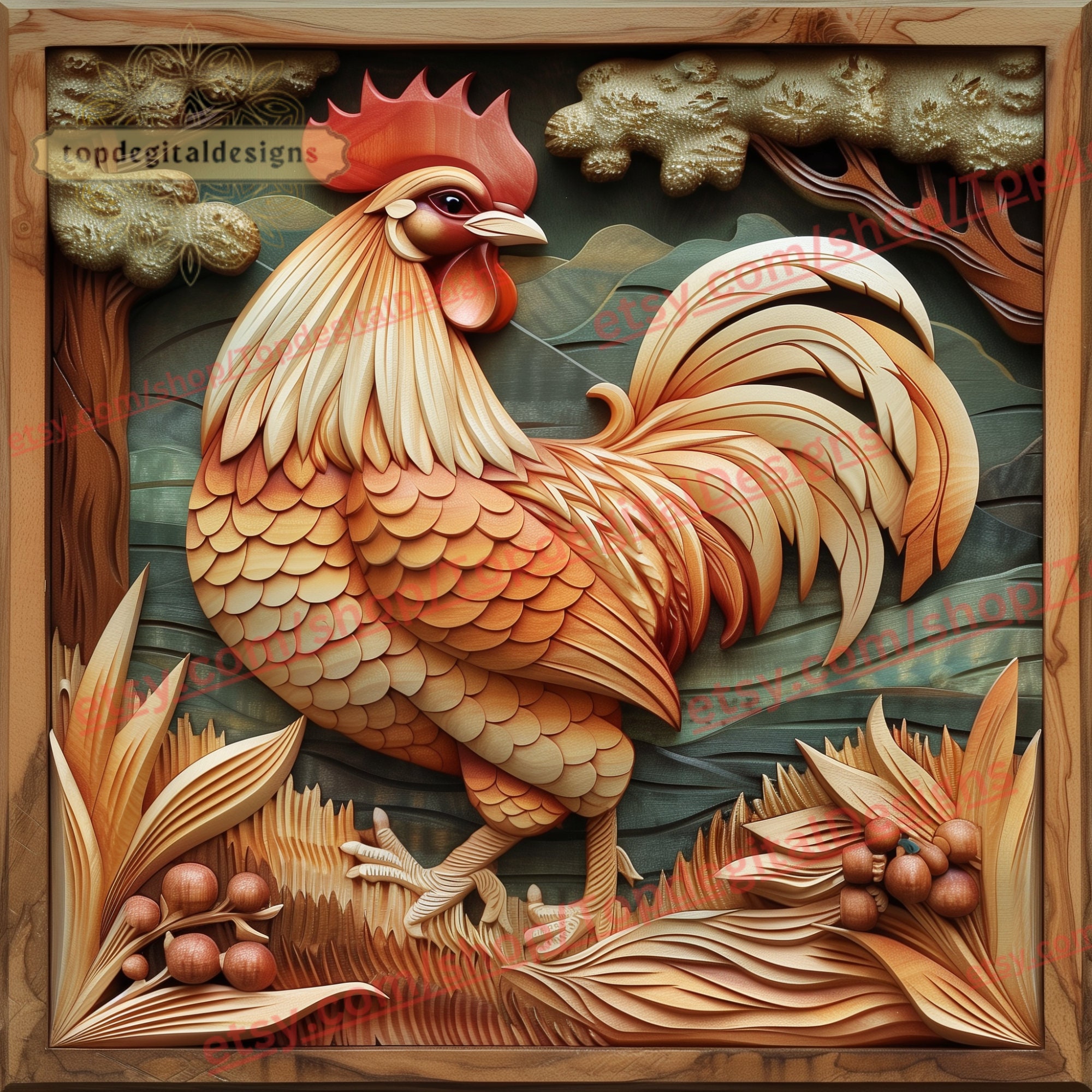 Rooster Png,carved Wood, 3D Illusion, Lightburn,rooster Wood Carving ...