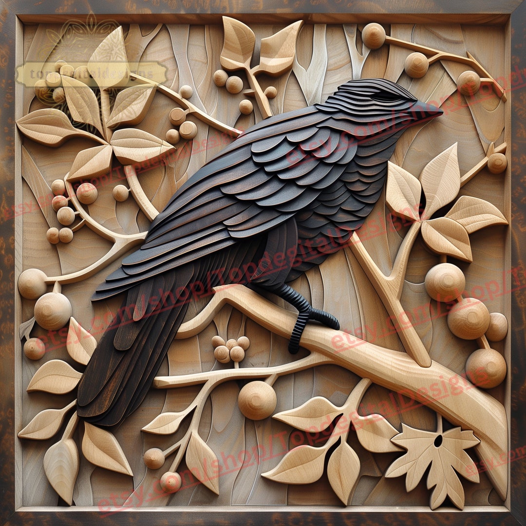 Crow Art,carved Wood, 3D Illusion, Lightburn,crow Flying, Cnc Laser ...