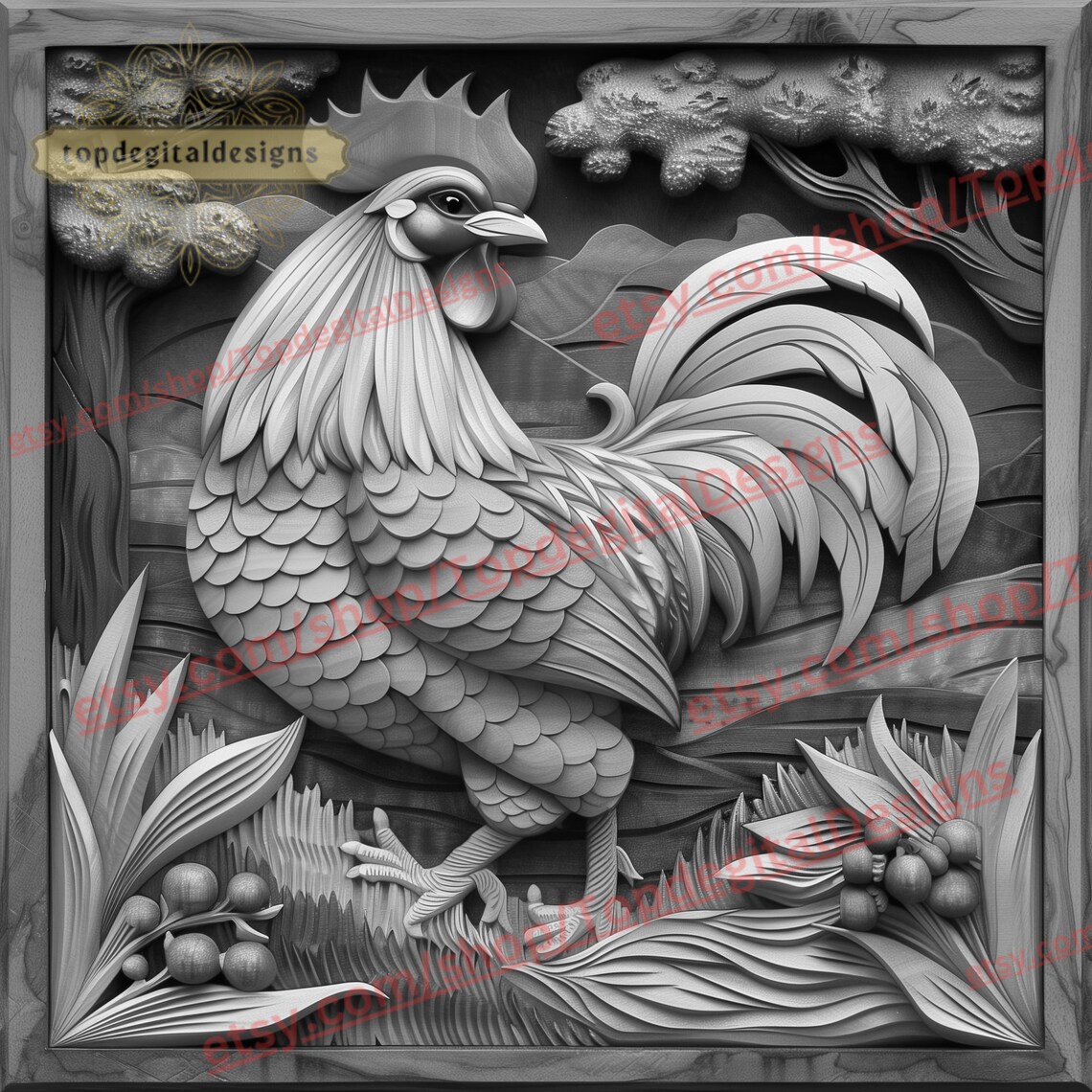 Rooster Png,carved Wood, 3D Illusion, Lightburn,rooster Wood Carving ...