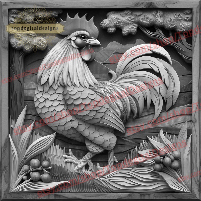 Rooster Png,carved Wood, 3D Illusion, Lightburn,rooster Wood Carving ...