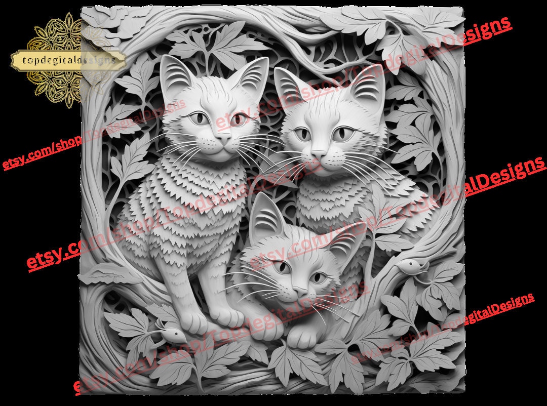Cat Art,carved Wood, 3D Illusion, Lightburn,wooden Cat Tree, Cnc Laser ...