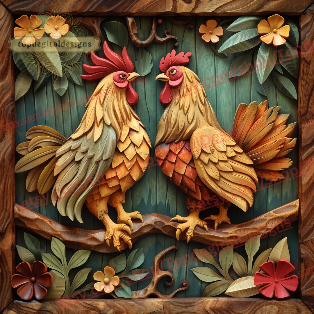 Rooster Png,carved Wood, 3D Illusion, Lightburn,rooster Wood Carving ...