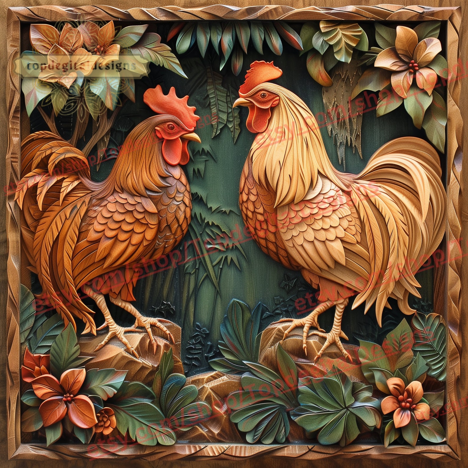 Rooster Png,carved Wood, 3D Illusion, Lightburn,rooster Wood Carving ...