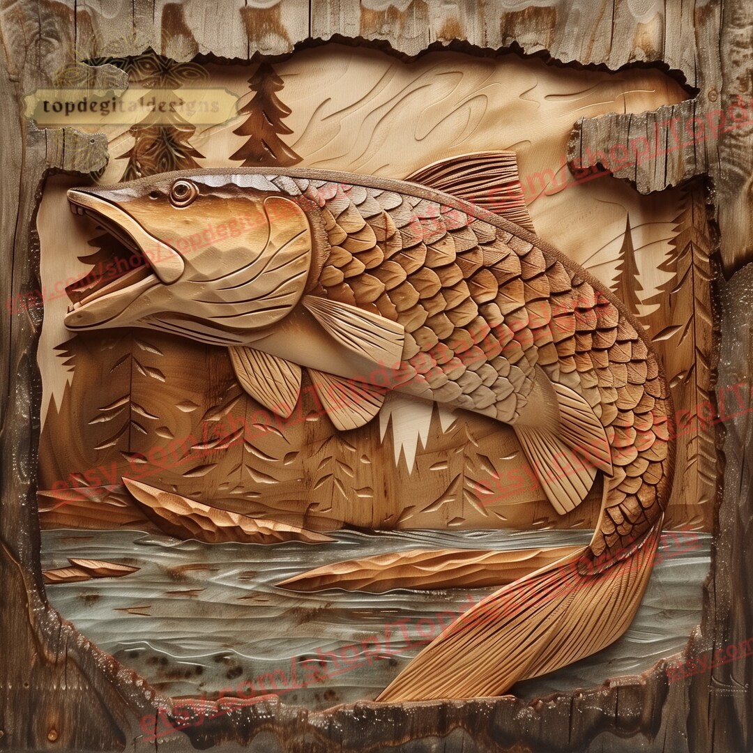 Muskie Drawing,carved Wood, 3D Illusion, Lightburn,muskie Pictures, Cnc ...