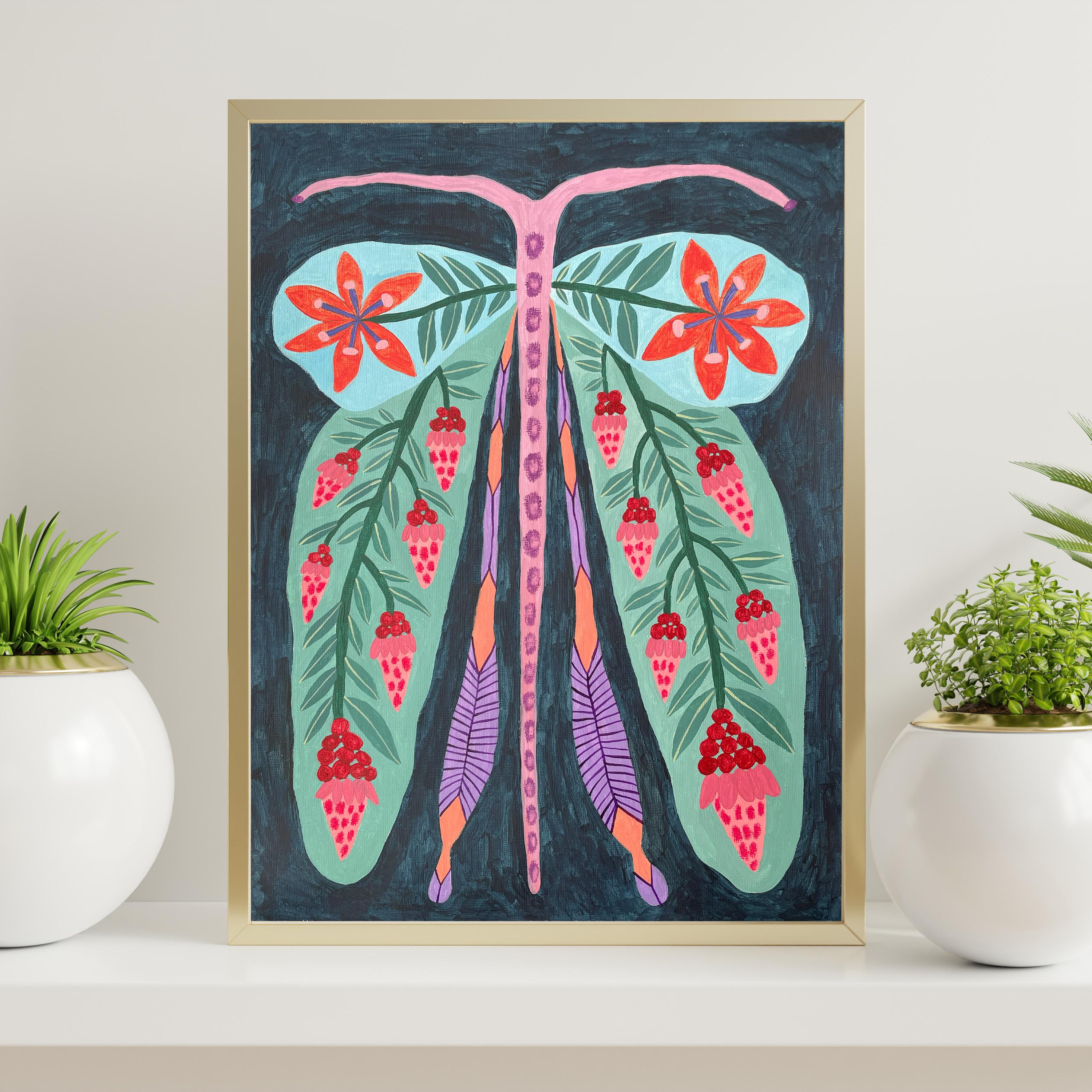 Butterfly Folk Art, Butterfly Flowers Original Painting, Primitive ...