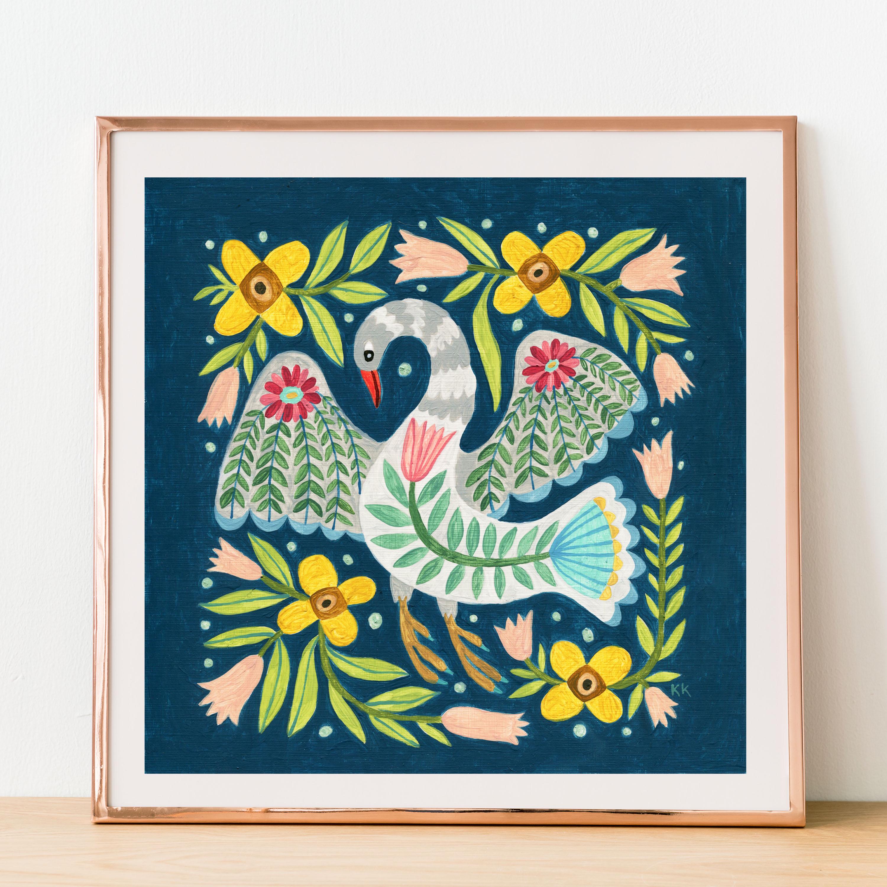 Folk Art Bird Print, Swan Naive Style, Whimsical Wall Decor, Primitive ...