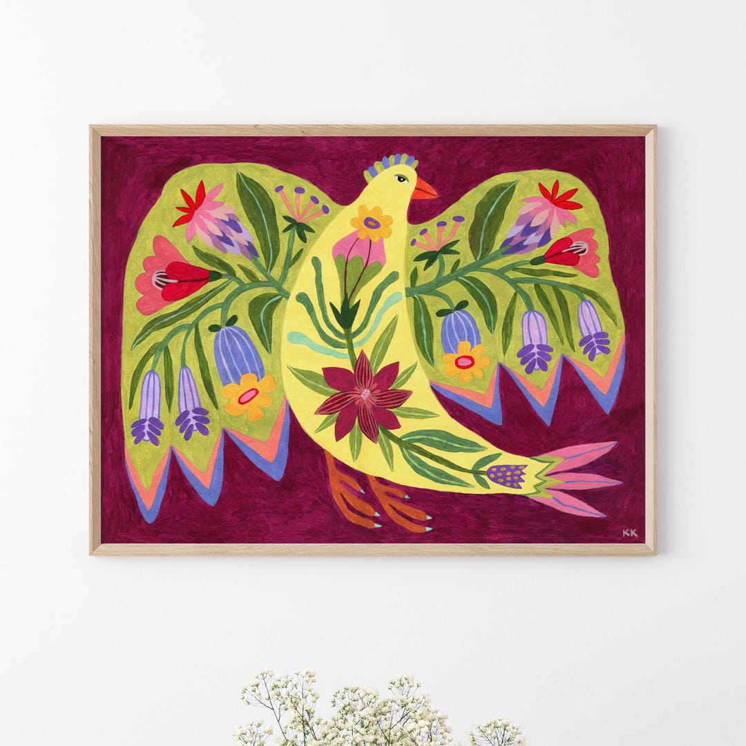 Folk Art Bird Print: Naive Style, Whimsical Wall Decor, Flowers. - Etsy
