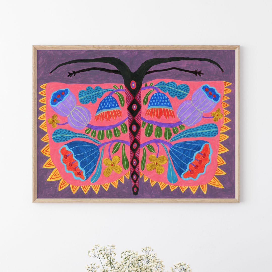 Butterfly Folk Art, Butterfly Flowers Original Painting, Primitive ...