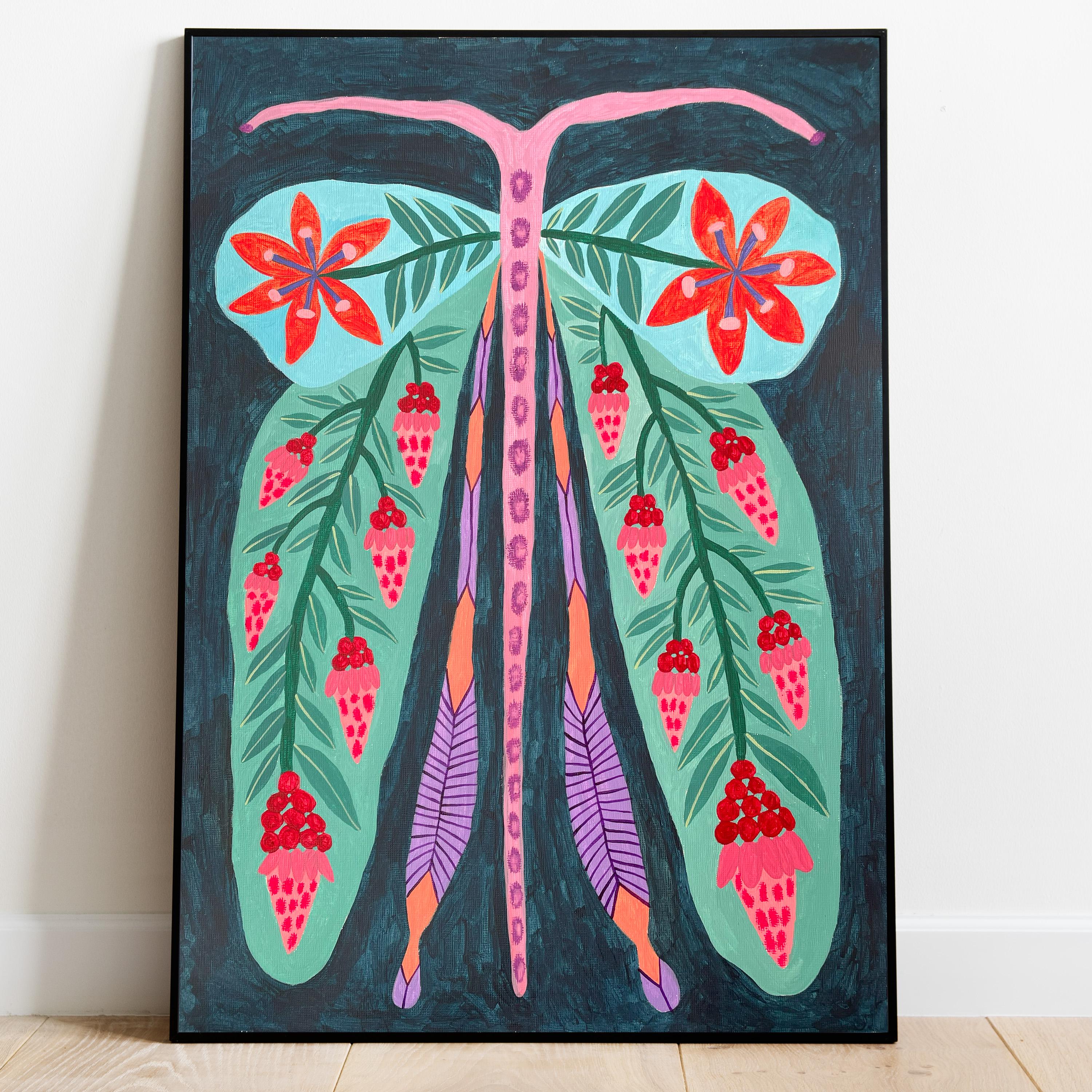 Butterfly Folk Art, Butterfly Flowers Original Painting, Primitive ...