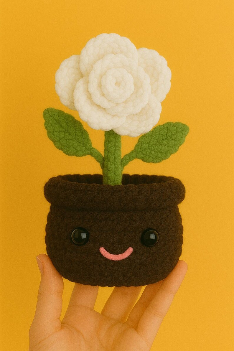 White Rose Crochet Plush Flower in Brown Pot, Smiling Amigurumi Flower ...