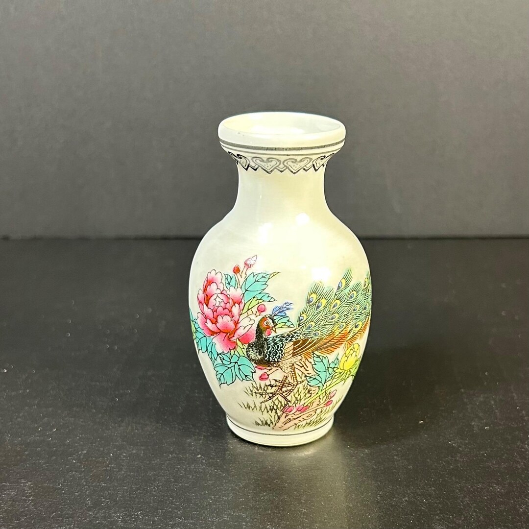 Vintage Chinese Miniature Vase Porcelain Peacock Floral Design 4'' Tall ...