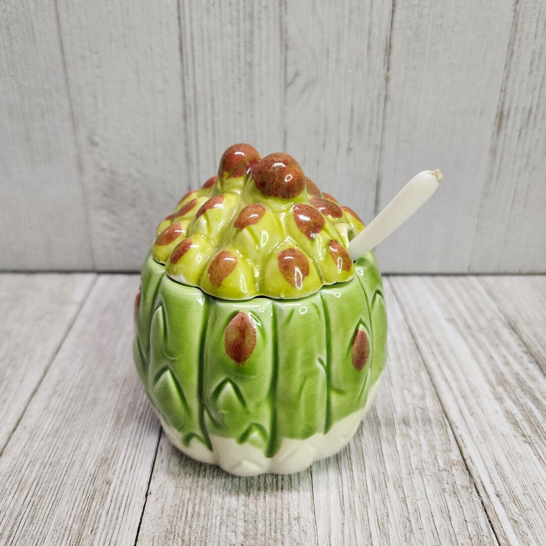 Vintage Artichoke Ceramic Jam Jelly Jar Sugar Bowl With Plastic Spoon ...