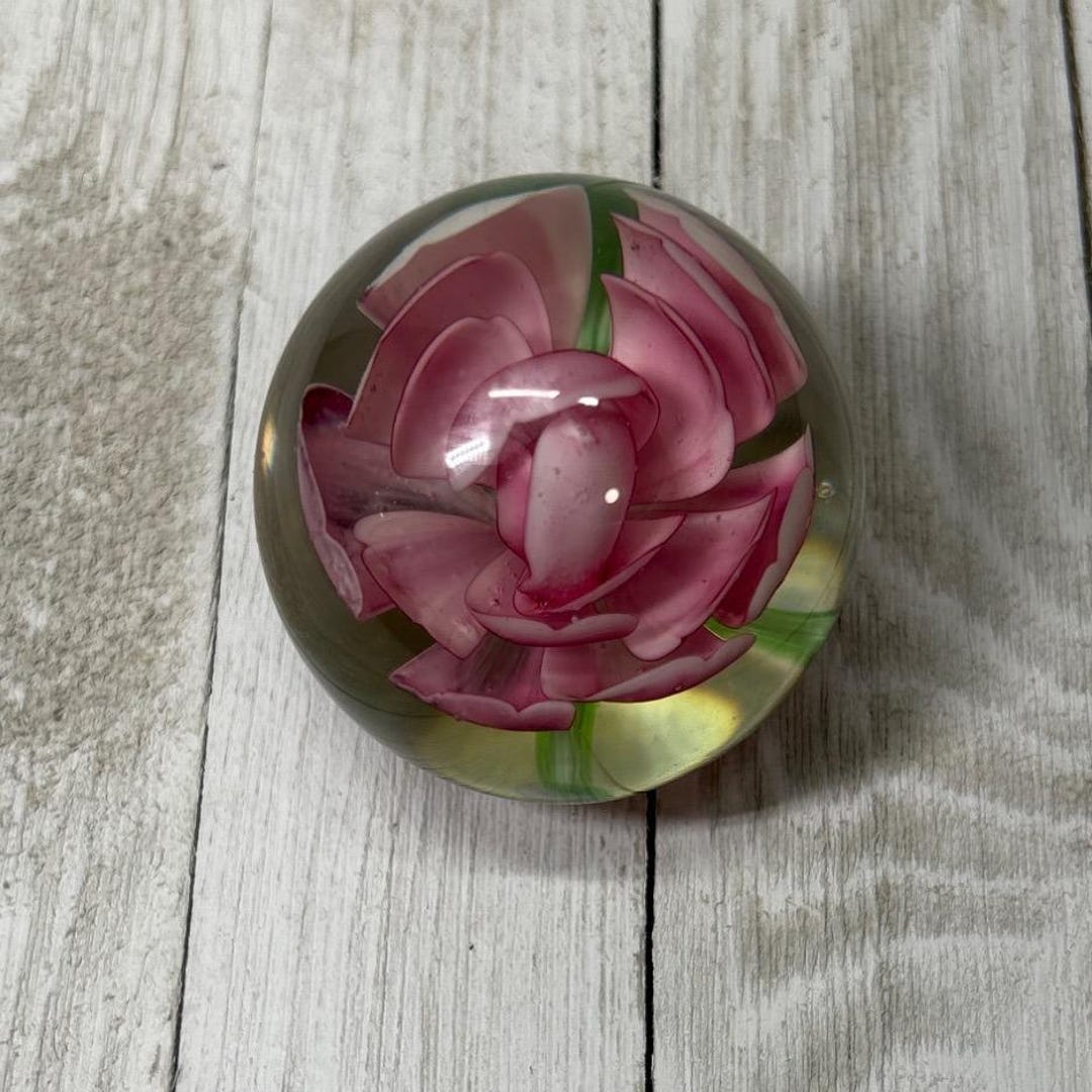 Vintage Blown Art Glass Paperweight Pink Flower Round Home Decor ...