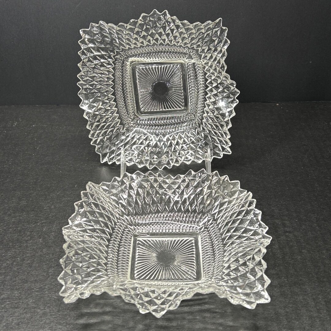 Vintage Indiana Glass Square Diamond Point Candy Nut Dish Ruffle Edge ...