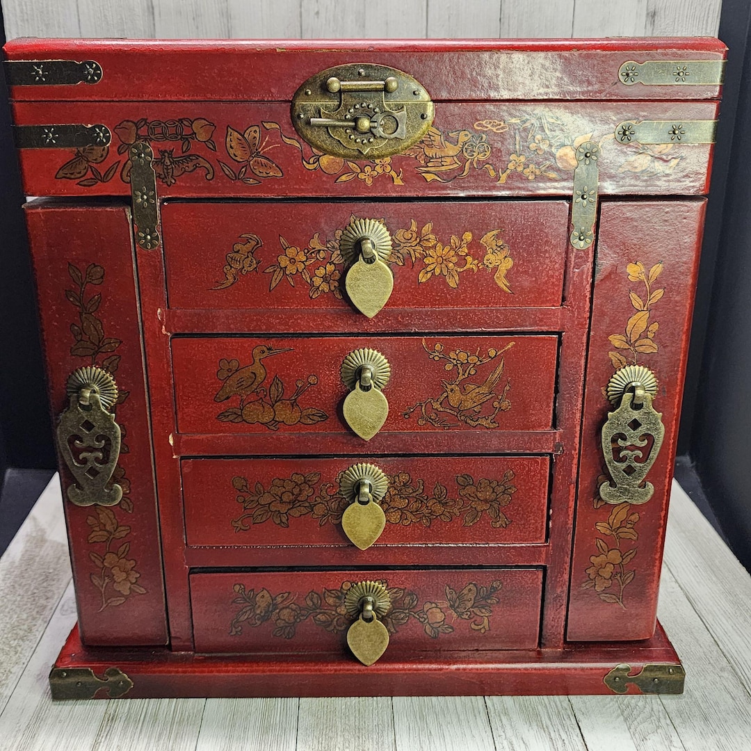 Vintage Antique Chinese Wooden Jewelry Box With Mirror Red 4 Drawer ...