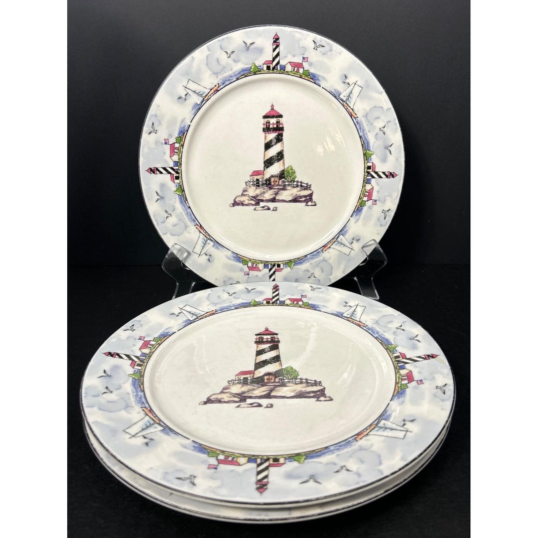 Vintage Totally Today Coastal Lighthouse Dinner Plates 10.5'' Nautical ...