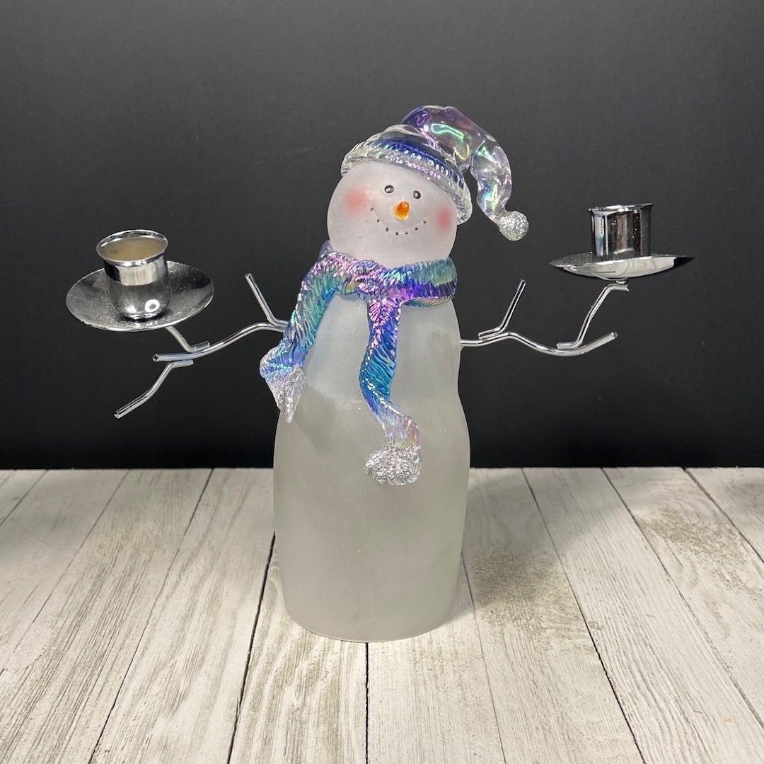 Vintage Frosted Glass Snowman Figurine Metal Arms Candle Holders ...