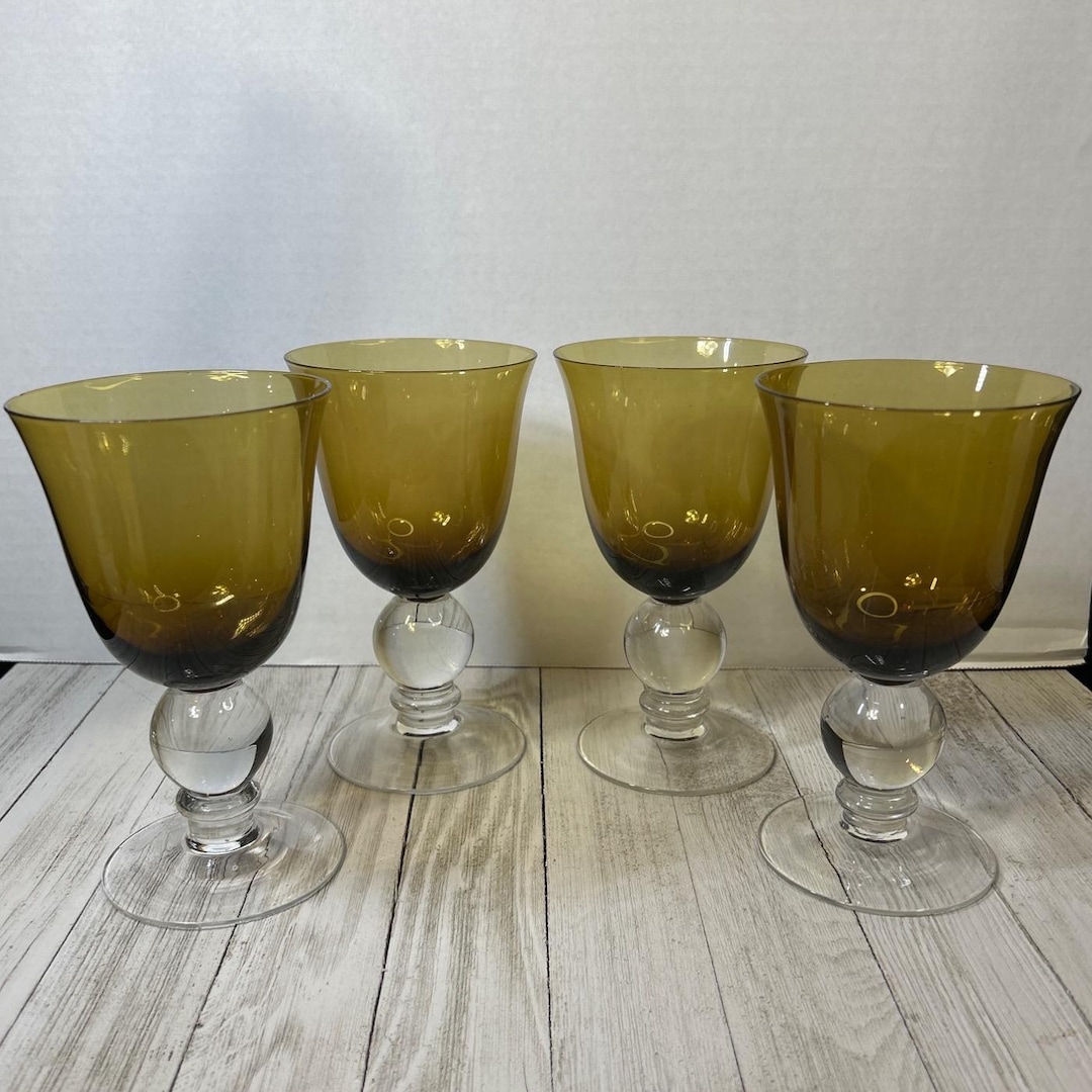 Vintage Amber Glass Water Wine Goblets Bell Shaped Clear Ball Stem ...